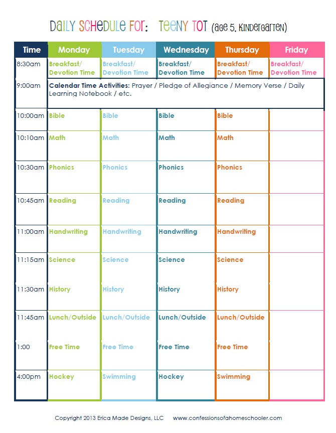 Kindergarten Daily Schedule Confessions Of A Homeschooler